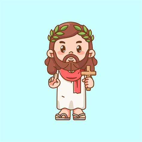 Cute Jesus Christ God Holding Cross Kawaii Chibi Character Mascot