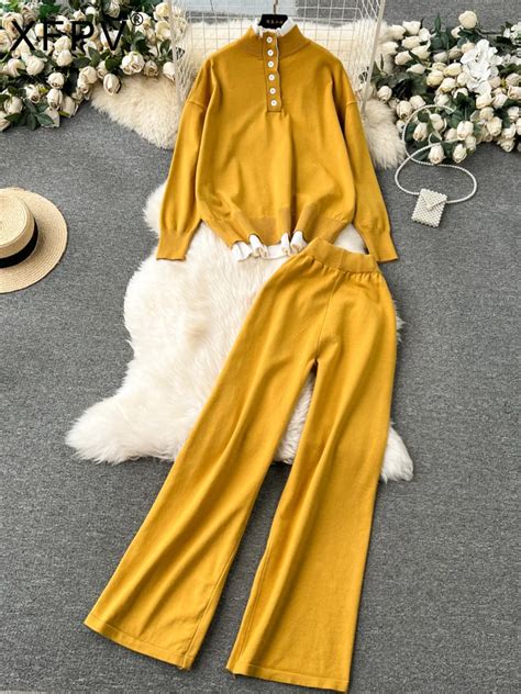 Xfpv Women Sweater Two Pieces Sets Temperament Breasted Half High