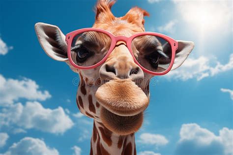Portrait Of A Funny Cute Giraffe In Sunglasses Against The Sky Stock
