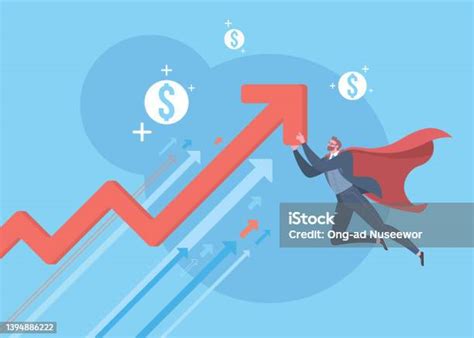 비즈니스 성장 비즈니스 회복 성공 또는 위기 대응으로 이어져 파괴 개념에서 더 강하게 나타납니다 슈퍼 히어로 사업가가 화살표 그래프를 파란색 배경으로 더 높이 들어 올리고