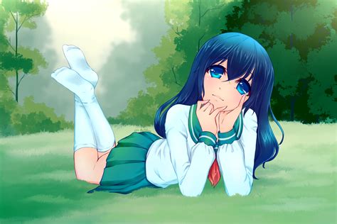 Aqua Eyes Blue Hair Grass Green Higurashi Kagome Inuyasha Kneehighs