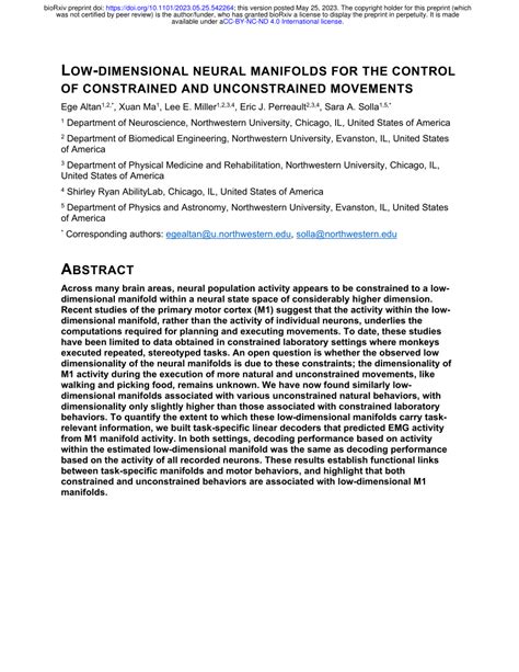 PDF Low Dimensional Neural Manifolds For The Control Of Constrained And Unconstrained Movements