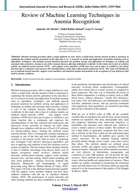 Pdf Review Of Machine Learning Techniques In Anemia Recognition