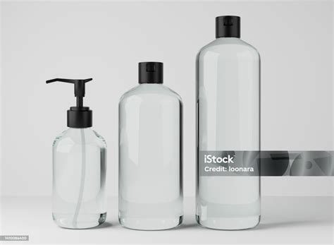 헤어 및 바디 케어 제품 3d 렌더링을위한 다른 투명 유리 병 회색 스튜디오 배경에 화장품 용기 세트 포장 모형 병에 대한 스톡 사진 및 기타 이미지 Istock