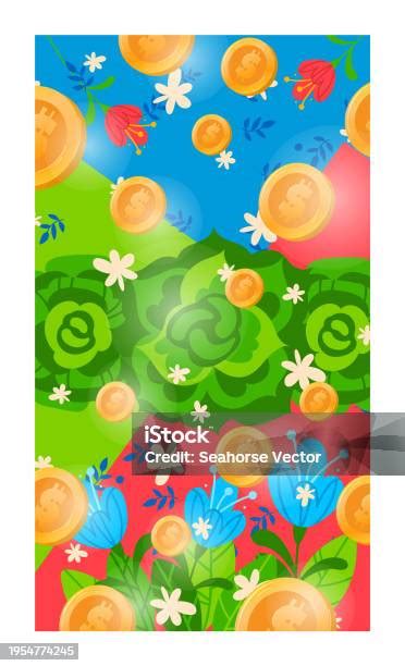 빨강 초록 파랑 단면과 생생한 꽃이 있는 다채로운 풍경에 떨어지는 금화 부 개념과 자연 번영 벡터 일러스트 레이 션 금융에 대한 스톡 벡터 아트 및 기타 이미지 Istock