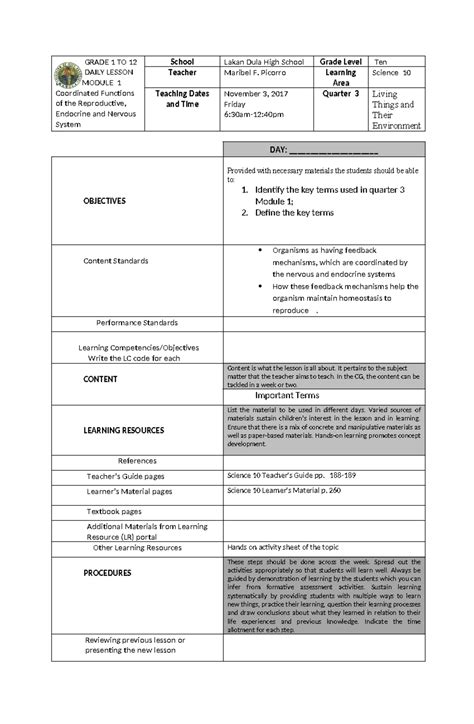 Dll3rd Qrt Module 1 Class Activity Grade 1 To 12 Daily Lesson Log Module 1 Coordinated