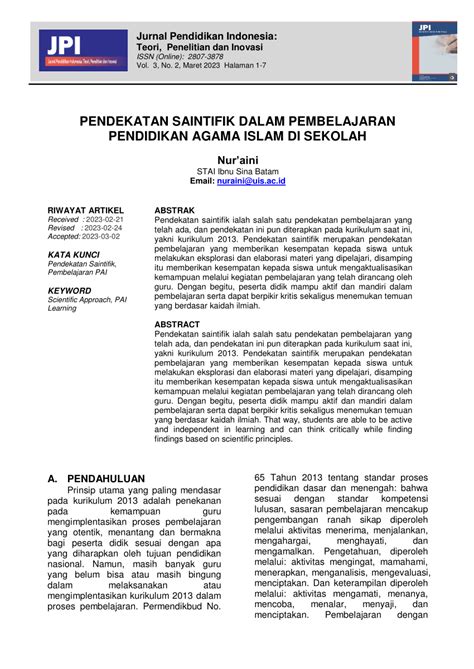 Pdf Pendekatan Saintifik Dalam Pembelajaran Pendidikan Agama Islam Di
