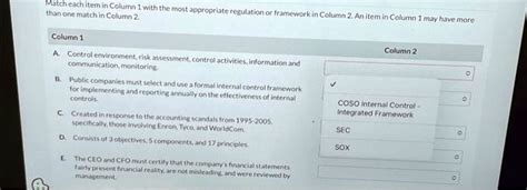 Match Each Item In Column 1 With The Most Appropriate Regulation Or