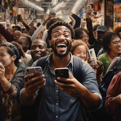 Premium AI Image Happy Black Man Smiling On His Mobile Phone