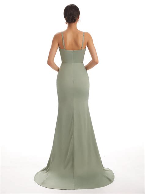 Sexy Soft Satin Side Slit Spaghetti Straps V Neck Floor Length Mermaid