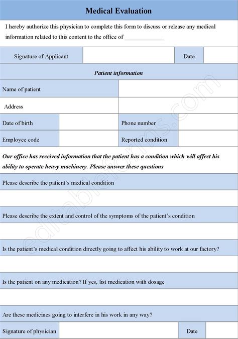 Medical Evaluation Fillable Pdf Form