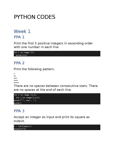 Python Codes 1 12 Python Codes Week 1 Ppa 1 Print The First 5 Positive Integers In