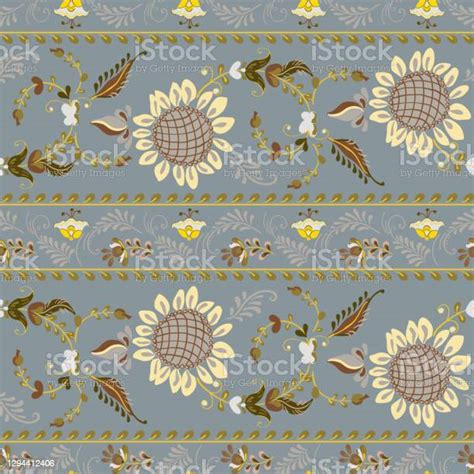 러시아 민속 미술 회화 스타일의 꽃 해바라기 벡터 꽃 원활 한 패턴 공예 제품에 대한 스톡 벡터 아트 및 기타 이미지 공예 제품 그래픽 프린트 꼬리 Istock