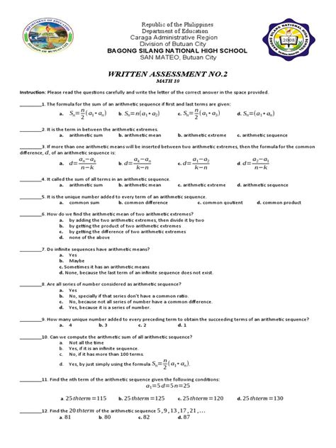 Math 10 2nd Assessment Q1 Pdf Sequence Numbers