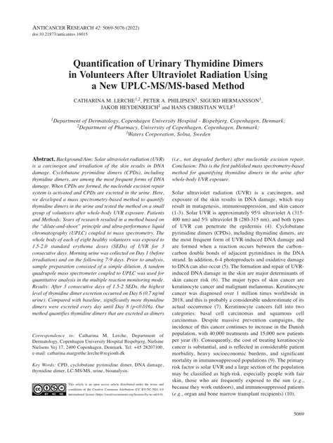 Pdf Quantification Of Urinary Thymidine Dimers In Volunteers After Ultraviolet Radiation Using