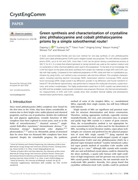 Pdf Green Synthesis And Characterization Of Crystalline Zinc Phthalocyanine And Cobalt
