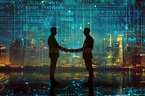 Digital Cityscape And Global Network Backdrop With Businessmen Shaking