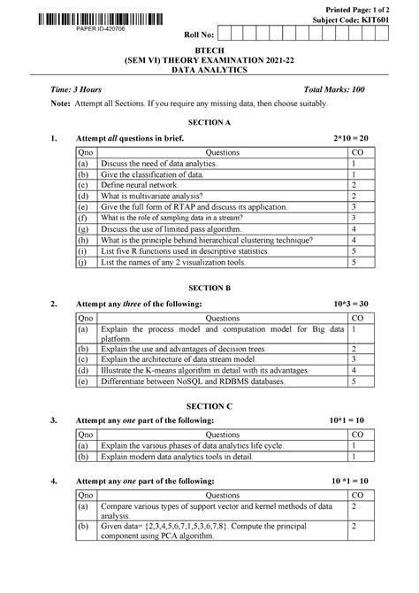 Btech It Sem Data Analytics Kit Printed Page Of Subject Code Kit Roll No