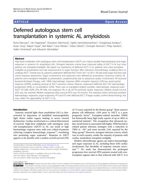 Pdf Deferred Autologous Stem Cell Transplantation In Systemic Al