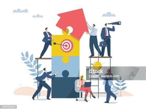 회사 또는 조직의 성장 효과적인 팀워크 단결로 직소 퍼즐을 완성하기 위해 함께 일하는 사업가 팀 빌딩 및 비즈니스 개념 벡터