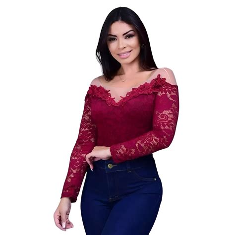 Body Blusa Feminina Manga Longa Comprida Renda Ombro Tule Shopee Brasil