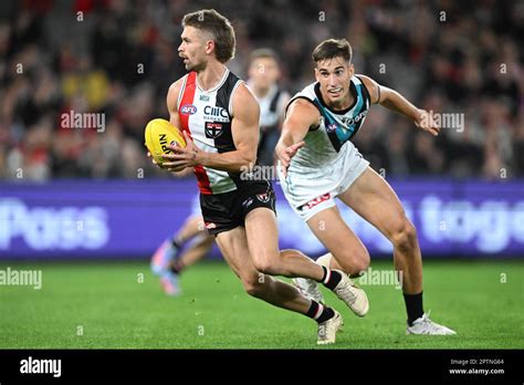 Dan Butler of St Kilda (left) in action during the AFL Round 7 match ...