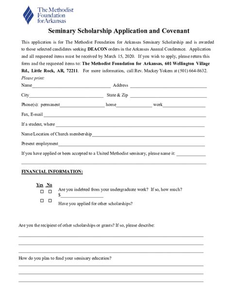 Fillable Online Seminary Scholarship Application And Covenant Fax Email