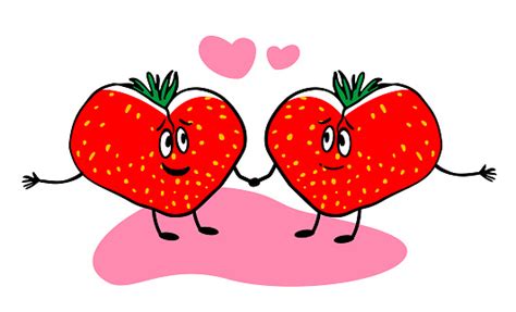 손을 잡고 사랑과 우정을 표현하는 얼굴이 귀여운 만화 딸기 하트 모양과 핑크 액센트는 발렌타인 데이 또는 로맨틱한 테마에 적합합니다 가공의 인물에 대한 스톡 벡터 아트 및
