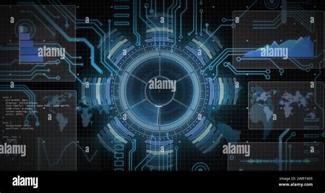 Image Of Circular Scanner Processing Data On Interface Over Motherboard On Black Background