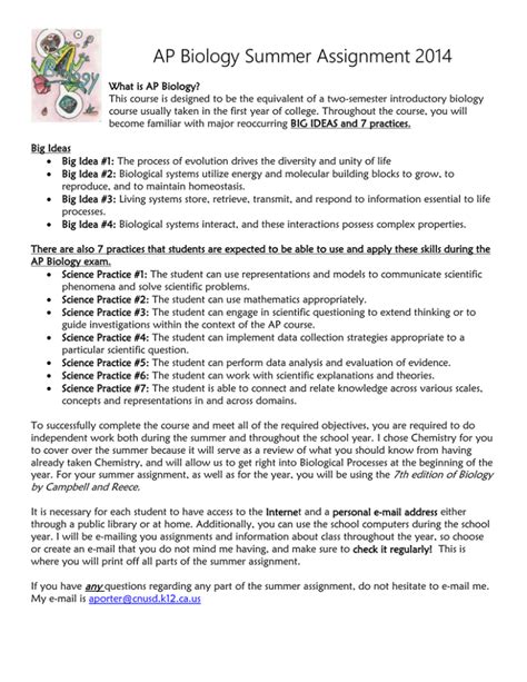 Ap Biology Summer Assignment