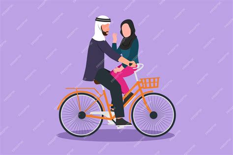 캐릭터 플랫 그리기 행복한 젊은 남녀가 자전거를 타고 얼굴을 맞대고 로맨틱한 아랍 커플이 함께 자전거를 타고 있습니다 행복한 가족이 운동과 함께 시간을 보냅니다 만화 디자인