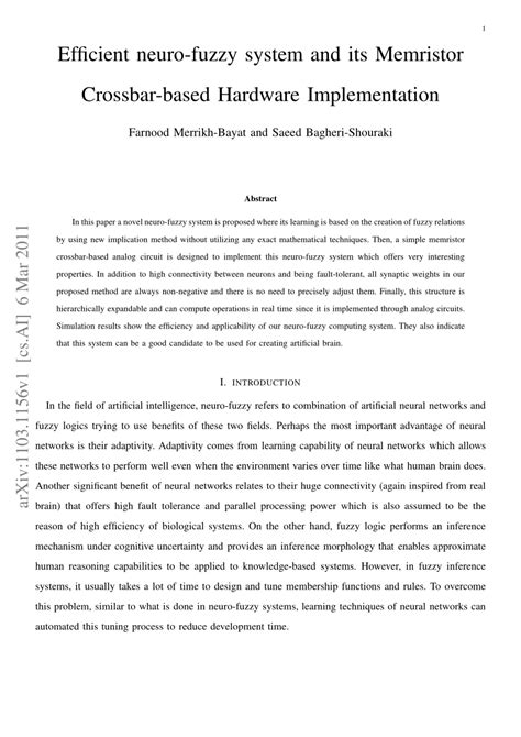 Pdf Efficient Neuro Fuzzy System And Its Memristor Crossbar Based Hardware Implementation