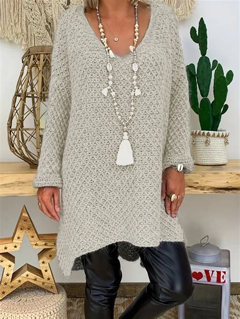 Plus Size Casual Sweater Womens Plus Solid Long Sleeve V Neck