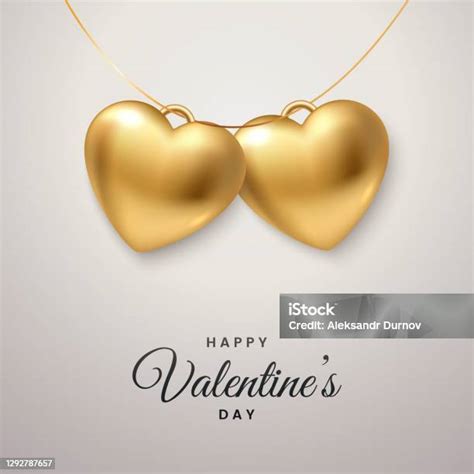 해피 발렌타인 데이 인사말 카드 디자인 두 황금 마음의 형태로 펜던트를 매달려 사랑의 상징 사실적인 3d 스타일 엽서 프로모션 초대에 적용됩니다 벡터 그림입니다 14에 대한