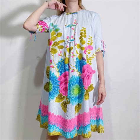 60 70s Sax Blue Flower Printed Mini Dress【467】 Lemon