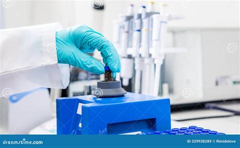 Close Up Of A Woman Shaking Samples Using A Vortex Mixer Before Hplc