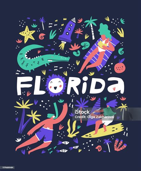 플로리다 해안 여름 레스트 플랫 벡터 일러스트레이션입니다 주 이름 자유형 문자입니다 휴가 휴가 엔터테인먼트 해변 활동 휴식