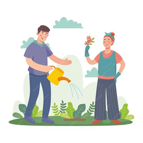 Personas Dibujadas A Mano Cuidando Plantas Al Aire Libre Vector Gratis