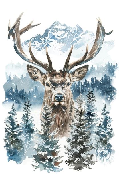 Deer In Snowy Forest Painting Premium AI Generated Image