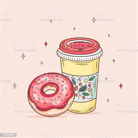 만화 다채로운 맛있는 도넛과 일회용 종이 컵 커피 뜨거운 음료 벡터가 고립 된 평면 일러스트레이션이있는 유약 도넛 도넛에 대한