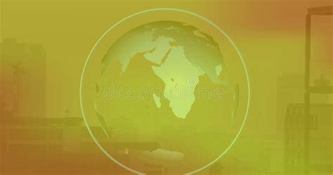 Animation Of Rotating Globe In Circle Over Modern Buildings Against Sky