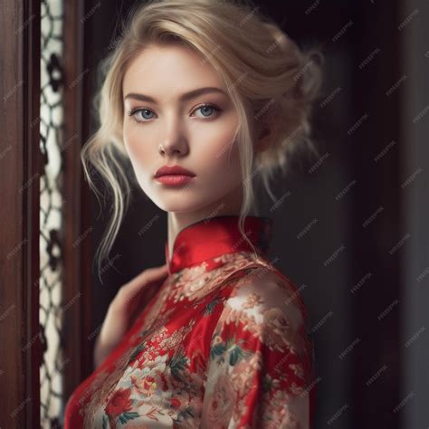 Premium Ai Image A Woman With Blonde Hair Wearing A Red Dress And A