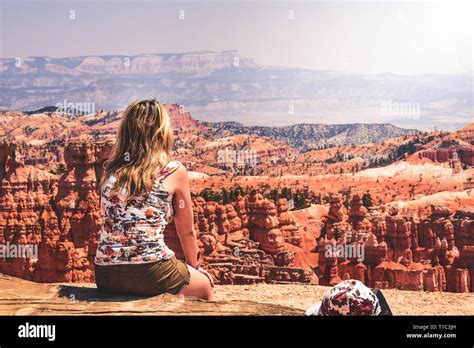 Summer Hiker In Bryce Canyon Resting Enjoying View Hiking Girl In