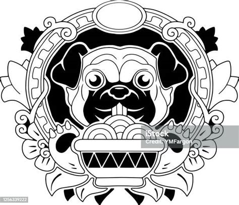 Sevimli Pug Köpek Ramen Erişte Komik Illüstrasyon Yeme Stok Vektör