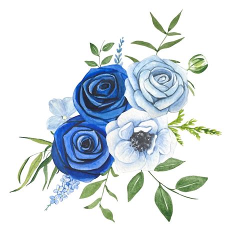 Composições de rosas azuis e flores brancas ilustração em aquarela