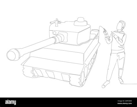 One Continuous Line Of Man Pointing With Finger At Armored Tank Thin Line Illustration Vector