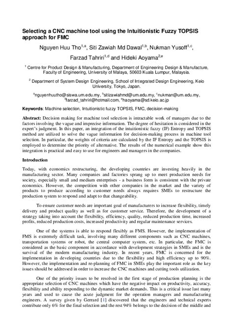 Pdf Selecting A Cnc Machine Tool Using The Intuitionistic Fuzzy