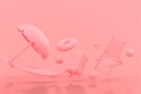 모노크롬 핑크 컬러의 서핑 우산 의자 등 비치 액세서리가 있는 여행가방 0명에 대한 스톡 사진 및 기타 이미지 0명 3차원