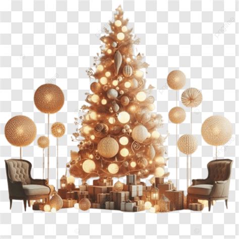 3 D の金色のライトの椅子と風船で輝く美しいクリスマス ツリーイラスト素材透過、pngフリー画像ダウンロード Pngtree