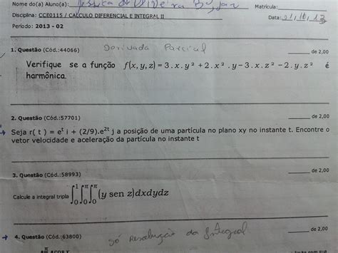 Prova De Calculo Ii Av2 2 Cálculo Ii